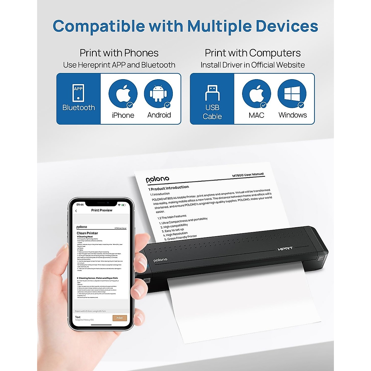 Portable Printer, POLONO MT800 2.0 Wireless Bluetooth Thermal Printer, Support 8.5" X 11" US Letter, Compatible with Android and iOS, Mobile Thermal Transfer Printer for Travel, Mobile Office and Home