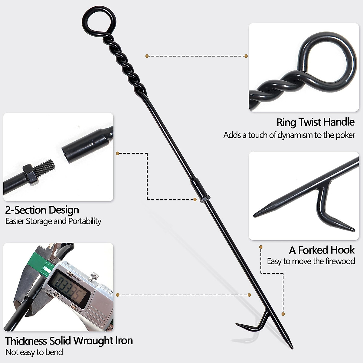 CKLT Fire Poker for Fire Pit Outdoor, 26inch Twisted Rope Design Camping Fireplace Poker, Removable and Portable Fire Pit Accessories, Heavy Duty Solid Steel Fireplace Tool Rust-Resistant Black Finish