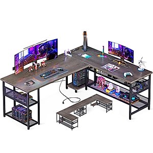 ODK 66" L Shaped Desk with Power Outlet and USB Charging Ports, Reversible L Shaped Computer Desk with Storage Shelves, Home Office Desk, Gaming Desk, Corner Desk, Grey Oak
