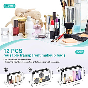 Carachanone 12 PCS Clear Travel Bag for Toiletry, Multipurpose Storage Transparent Cosmetic Bags Bulk for Women Men, Makeup Organizer TSA Approved Luggage Pouch - Black, Small
