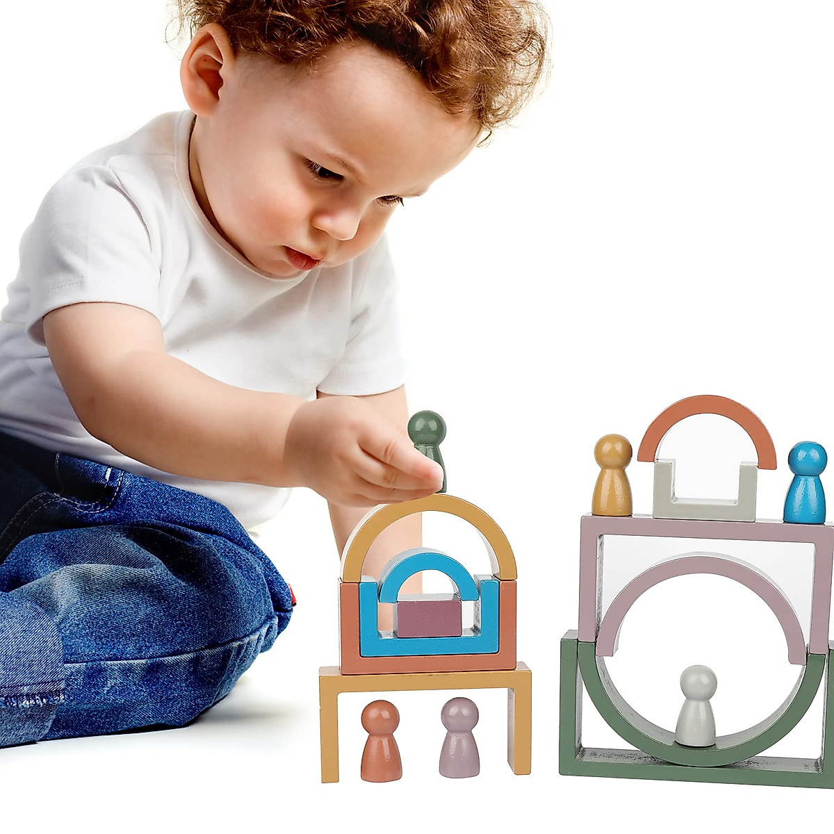 Arber Wooden Rainbow Stacking Montessori STEM Toy - Educational Learning Sensory Activity for Toddlers and Kids, Preschool Building Blocks Ages 1-2-3-4-5+ Years Old - 19 Pcs Gift Set