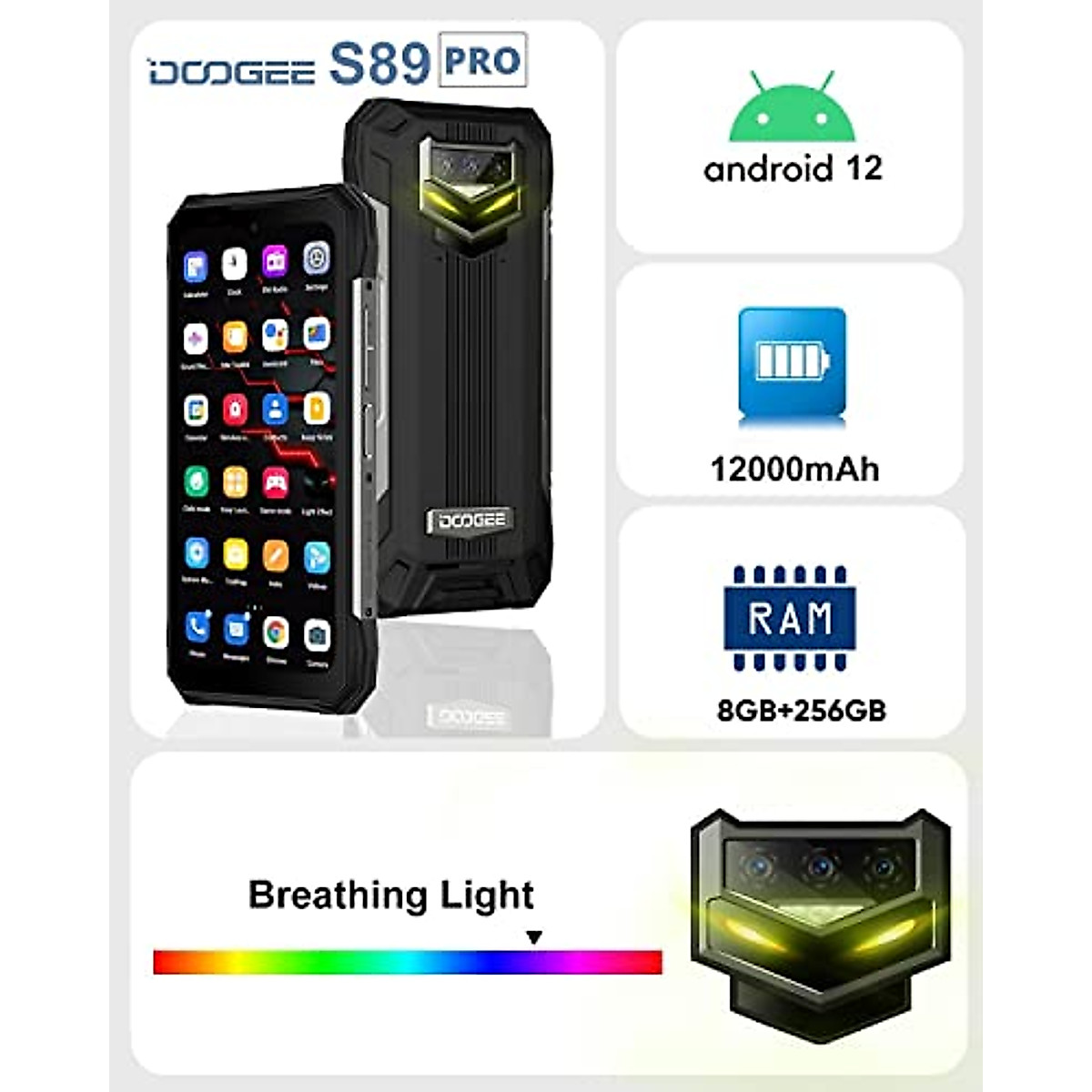 DOOGEE S89 PRO Rugged Smartphone(2022), 12000mAh Massive Battery Android 12 Rugged Phone Unlocked, 65W Fast Charging, 8GB+256GB IP68 Waterproof Cellphone, Night Vision, Breathing Light, NFC, Dual 4G