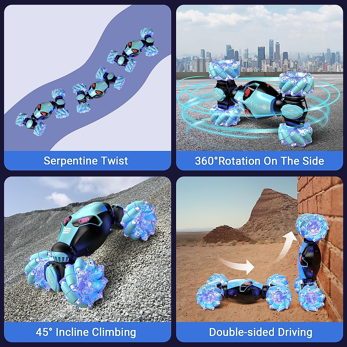 Powerextra Remote Control Car, 4WD 2.4GHz RC Stunt Car, Watch Gesture Sensor Car, Double Sided Rotating Off Road Vehicle 360° Flips with 2 Batteries, Deformable Electric Car Kids Toy Cars - Green