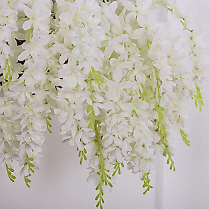 Duovlo Silk Wisteria Flower Artificial 2.13 Feet Hanging Wisteria Vine Fake Flower Bush String Home Party Wedding Decoration,Pack of 4（White）