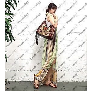 Aztec Tribal Print Canvas Vegan Leather Side Fringe Large Hobo Tote Handbag Wallet Set (Stone)