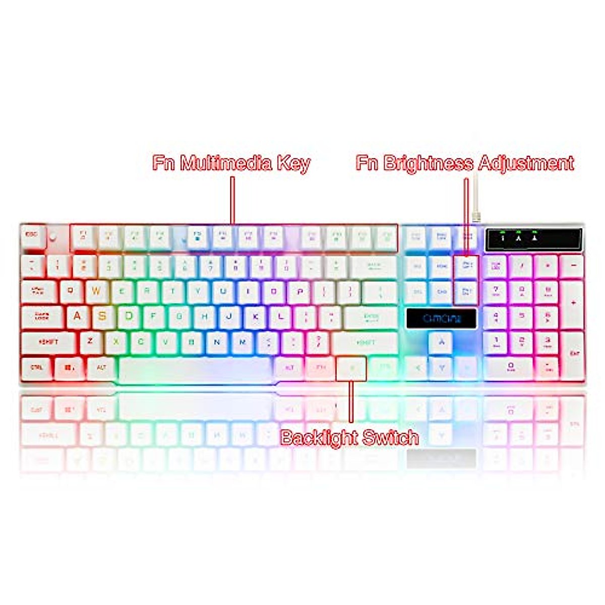 LED Backlit Wired Keyboard and Mouse Gaming Combo Mechanical Feeling Rainbow Backlight Emitting Character 3200DPI Adjustable USB Mice Compatible with PC Raspberry Pi iMac TDW910(White)