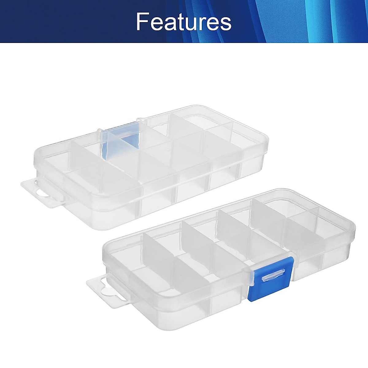 Juvielich 2PCS Clear Plastic Organizer Box, 10 Grids Storage Container Jewelry Box with Adjustable Dividers, for Beads Art DIY Crafts Jewelry Fishing Tackles 5.2"x2.68"x0.91"(LxWxH)