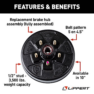 Lippert Replacement 10" Brake Hub Drum Assembly for RVs with 3,500 lb. Axle; 5 on 4.5" Bolt Pattern; 1/2" Studs; Fully Assembled with Bearing Cones, Seals, Grease, Limited 1-Year Warranty - 814200