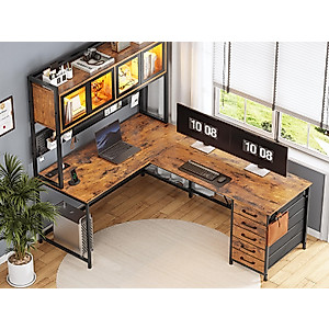 SEDETA L Shaped Gaming Desk with Drawers, L Shaped Computer Desk with Hutch and Storage Shelves, Gaming Desk with Pegboard, Led Lights, and Power Outlet, Home Office Desk, Corner Desk, Rustic Brown