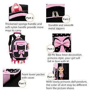 Bowknot Kids Rolling School Backpack 2Pcs Polka Dot Princess Style Trolley Bookbag on Six Wheels