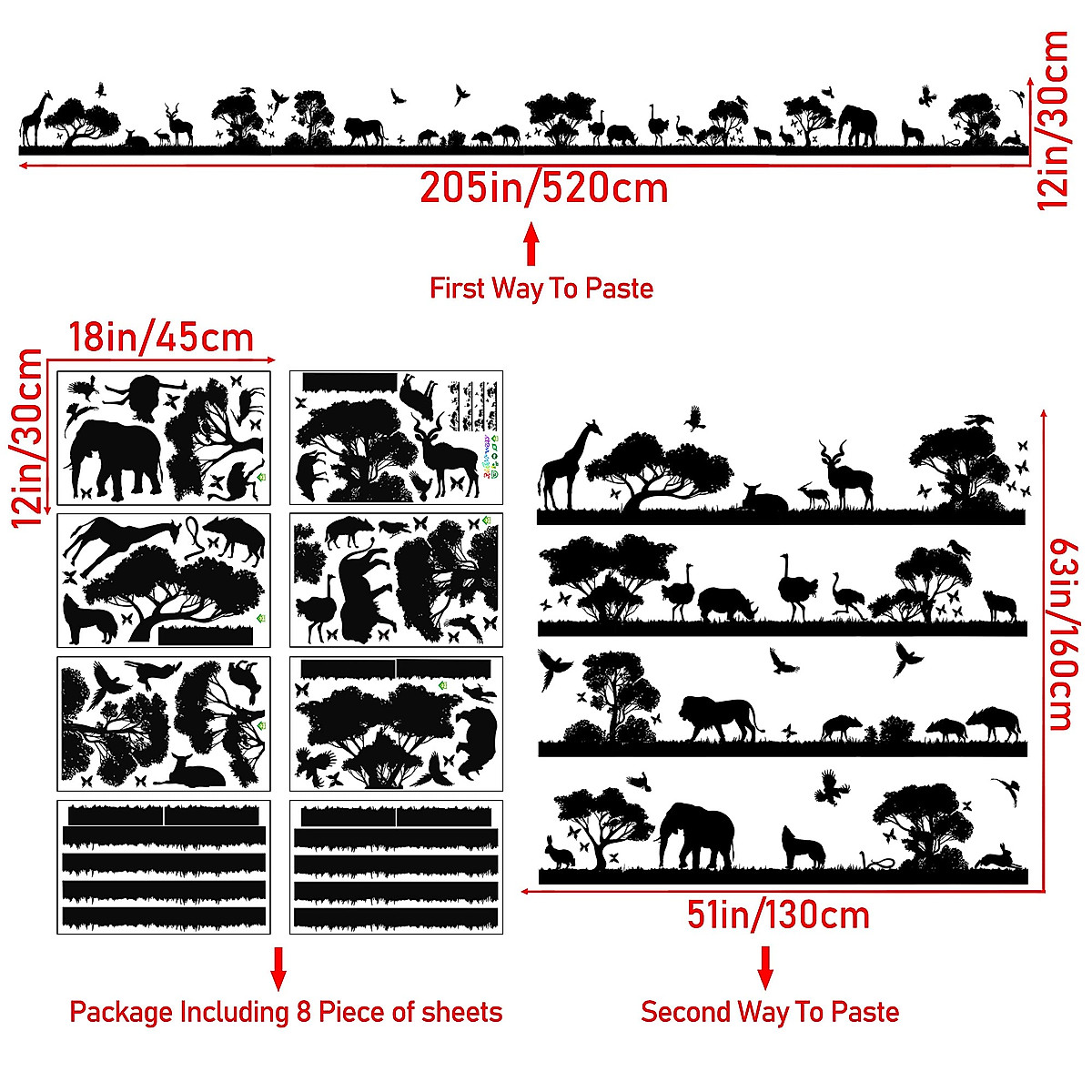 Black Jungle Animals Wall Decals Woodland Wild Animal Wall Stickers Removable Forest Animals Elephant Lion Birds Giraffe Trees Wall Decor for Kids Room Bedroom Living Room Nursery Classroom