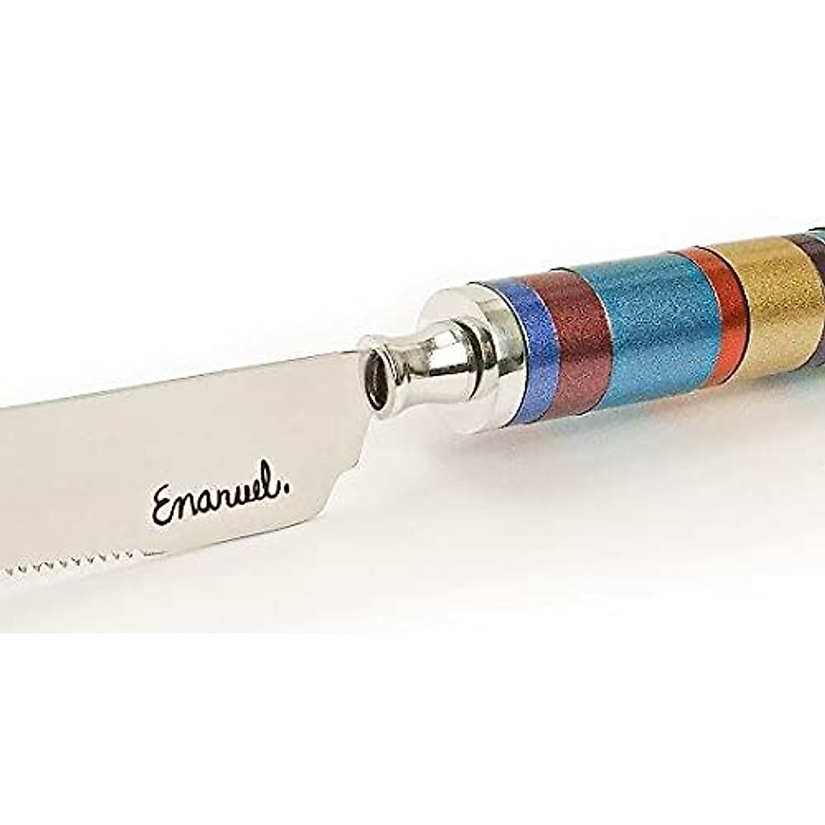 Yair Emanuel Challah Knife Metal Handle with Multi Color Rings Design Cutting Knife - Serrated Bread Knife 13 Inch - Ultra-Sharp Bread Cutter