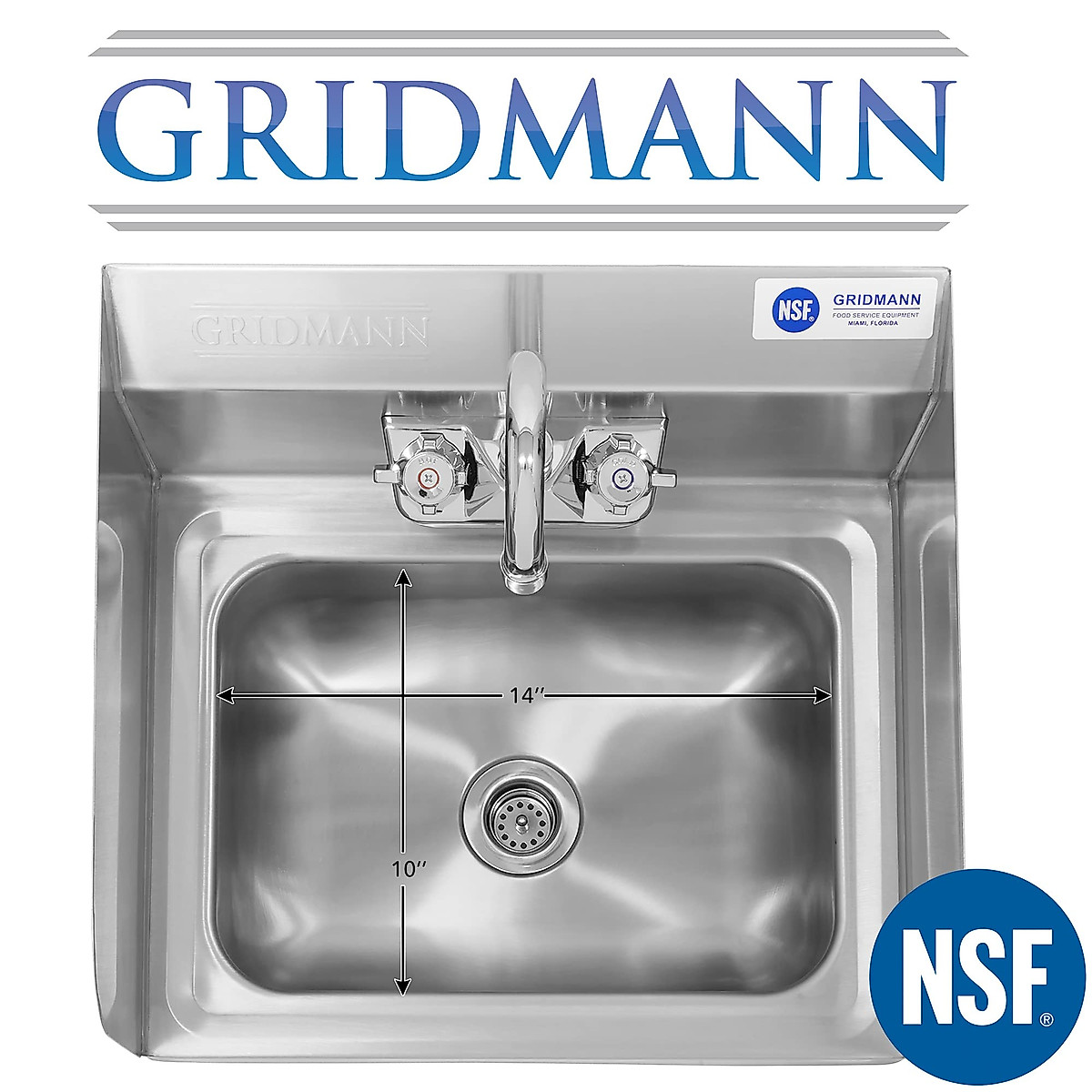 GRIDMANN Commercial NSF Stainless Steel Sink with Faucet & Side Splashes - Wall Mount Hand Washing Basin