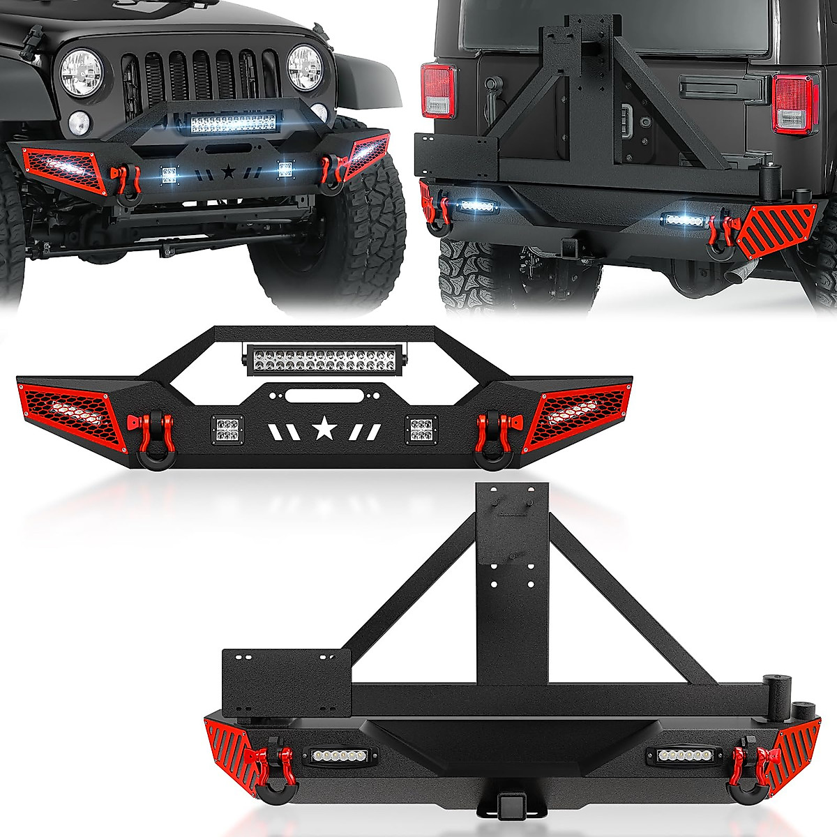 YZONA Front and Rear Bumper w/Spare Tire Carrier Compatible with 2007-2018 Jeep Wrangler JK JKU Unlimited with Paintable Armor, License Plate Bracket, Winch Plate, LED Lights, Hitch Receiver & D-rings