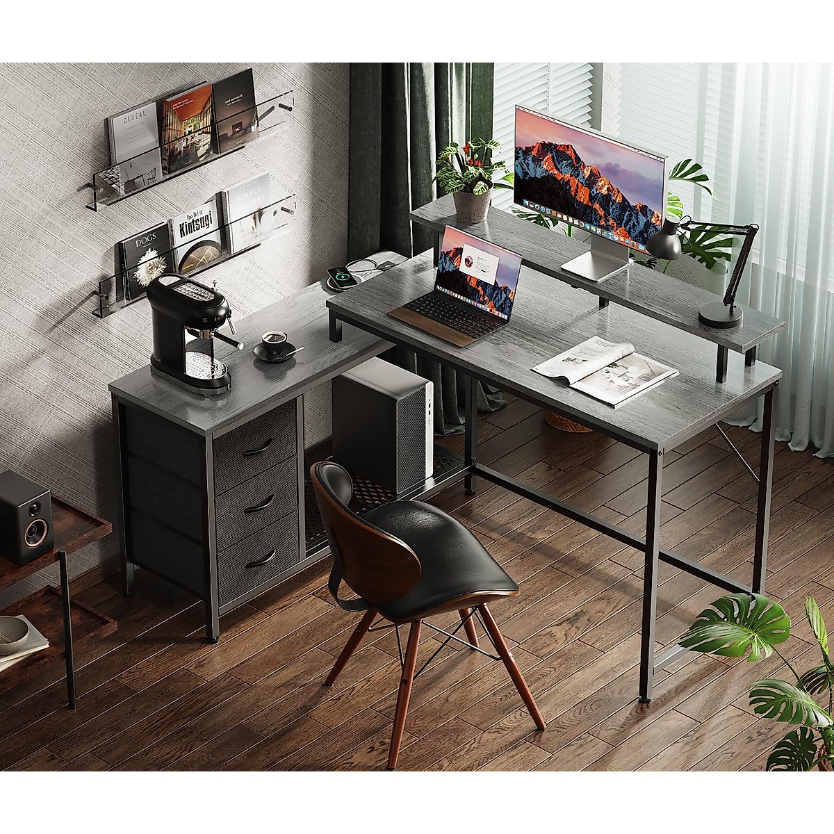 Huuger Reversible L Shaped Computer Desk with Drawers, Gaming Desk with LED Lights and Power Outlets, Office Desk with Storage Shelves, Corner Desk with Monitor Stand, for Home & Office, Gray