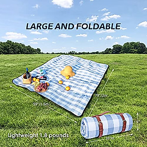 MontoSun Large 59x79'' Picnic Blankets Handy Beach Picnic Blanket Outdoor Lawn Mat 3 Layered Blanket Waterproof Foldable Beach Blanket Sandproof for Camping,Travelling,Hiking (Sky Blue Gingham)