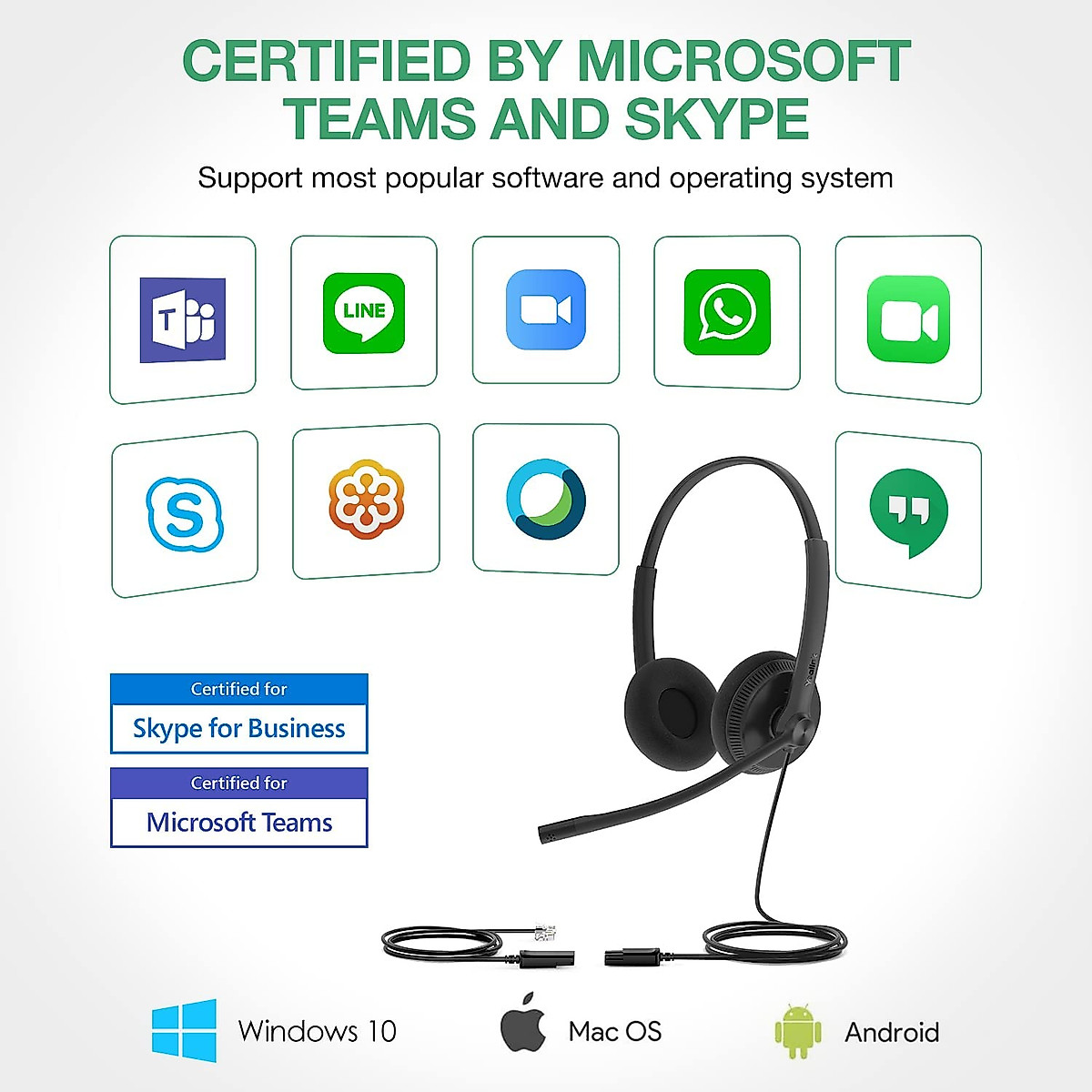 Yealink Phone Headsets for Office Phones YHS34 Lite QD to RJ9 Wired Headset for Yealink Compatible with Poly Snom Grandstream Phones Desk Landline Headset with Microphone -Dual/111g/2.1m Cable