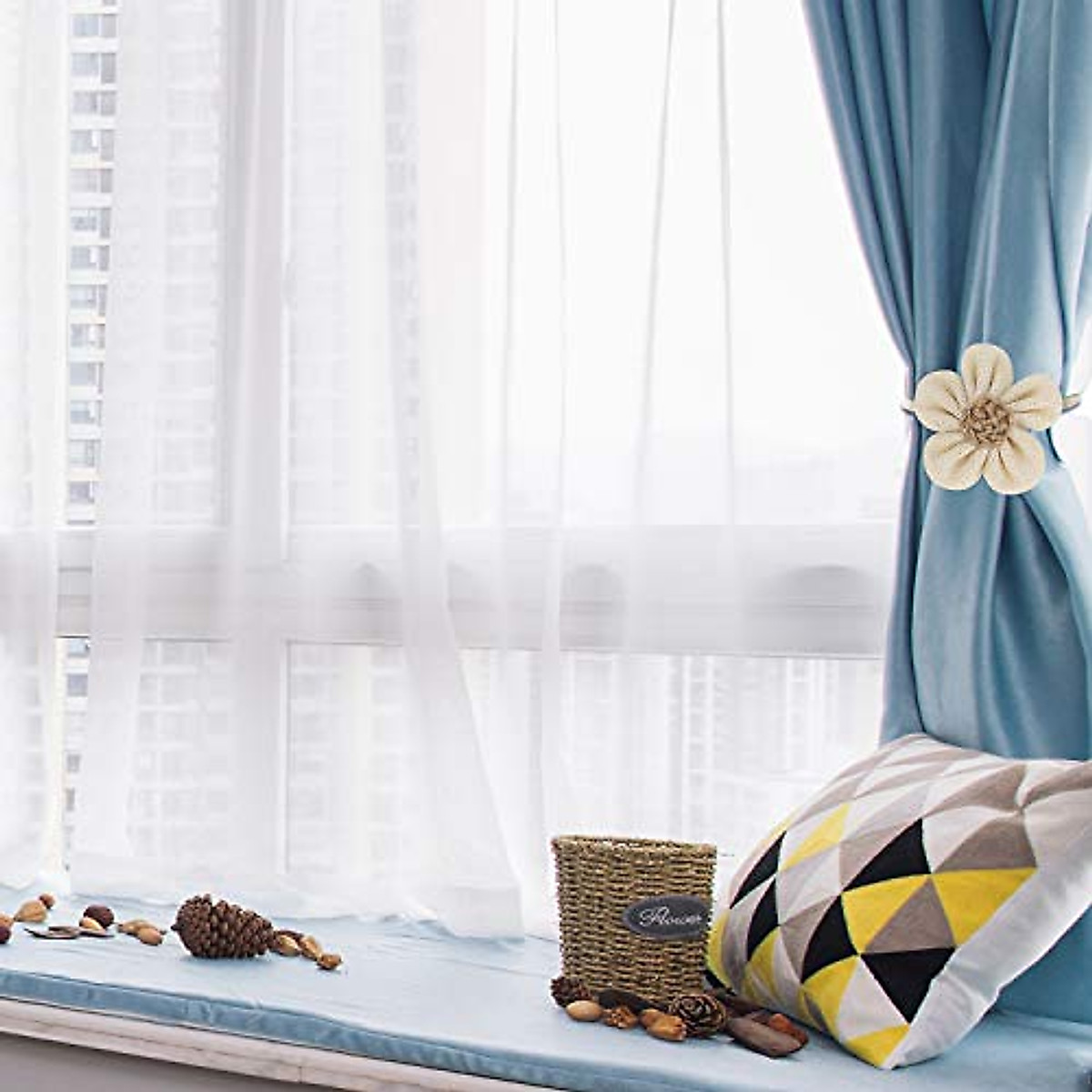 Lewondr Magnetic Window Curtain Rope Holdbacks, 2 Pieces Simple and Elegant Sunflower Decorative Knitted Cord Drapery Holder Curtain Tieback Accessories for Home Office Decor, Large - Cream&Beige