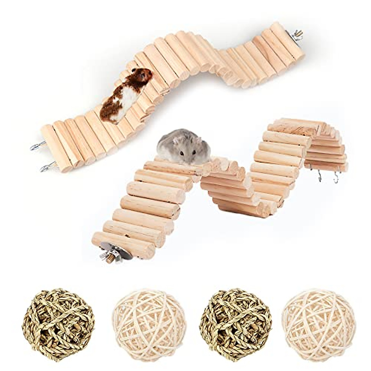 kathson 6 Pcs Wooden Hamster Suspension Ladder Bridge,Bendable Long Climbing Ladders Pet Cage Toy Accessories Hideout Natural Chew Balls for Mouse Chipmunk Rabbits and Other Small Animals