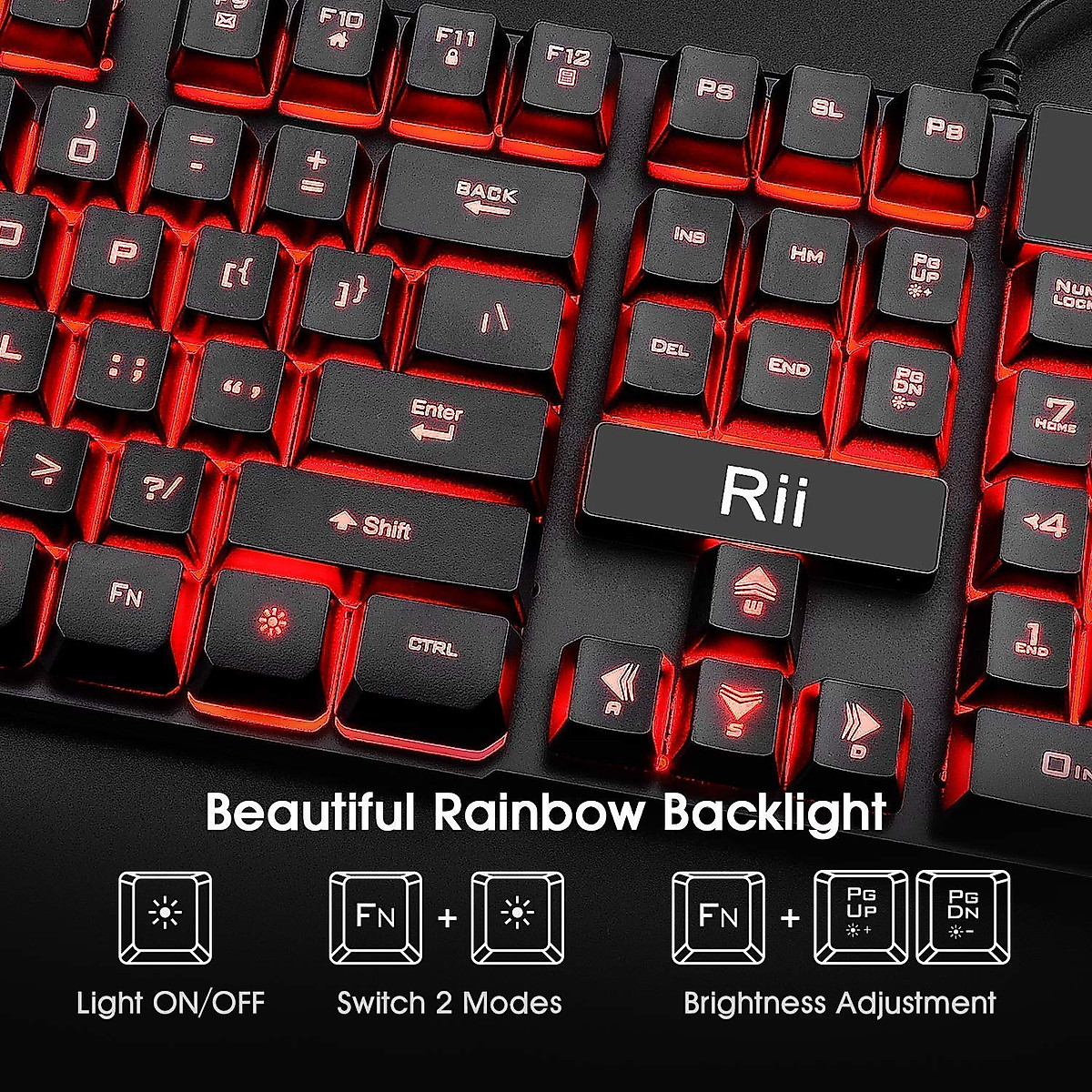 Rii RK100 3 Colors LED Backlit Mechanical Feeling USB Wired Multimedia Office Keyboard For Working or Primer Gaming,Office Device (Renewed)