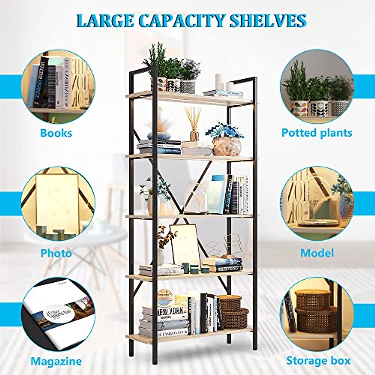 HNEBC 5 Tier LED Bookshelf,Modern Bookcase Open Storage Shelving with Smart Sensing 3 Colors LED Strip,Industrial Style Tall Bookshelf Floating Shelves/Bookcases for Room Living Room Office(Wood)