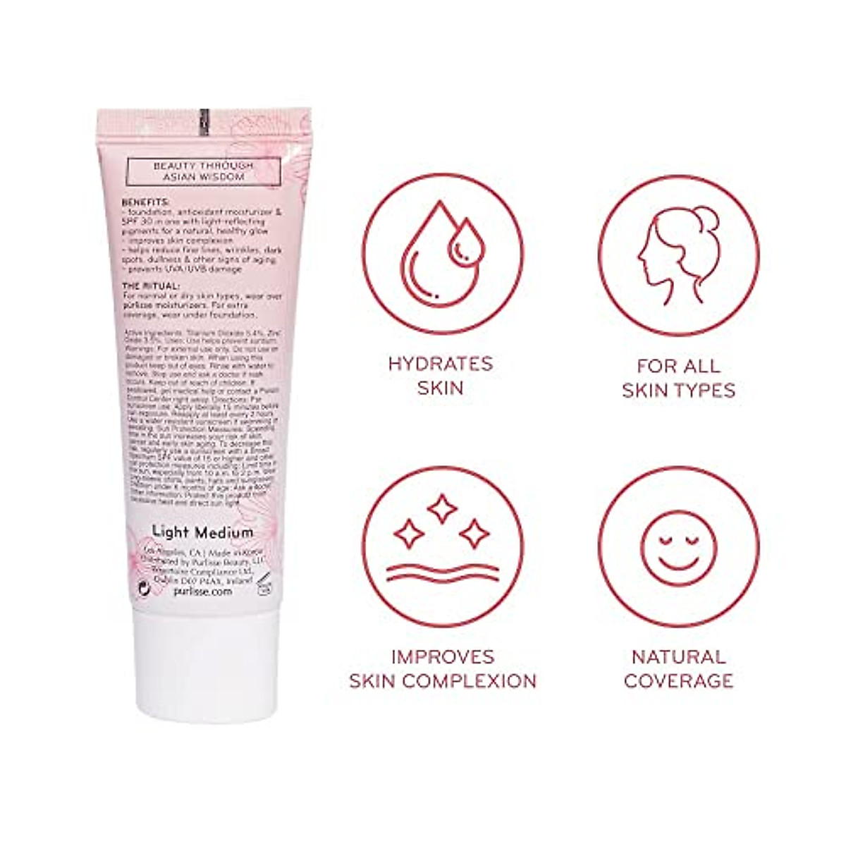 purlisse Ageless Glow Serum BB Cream SPF 40 : Clean & Cruelty-Free, Full & Flawless Coverage, Hydrates with Collagen | Light 1.4oz