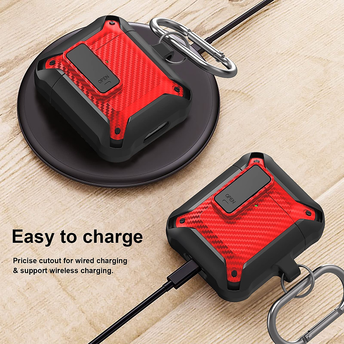 Lopnord Lock Compatible with Apple Airpods Case 2nd Generation, Rugged Case Cover for AirPods 1st with Keychain (Red)