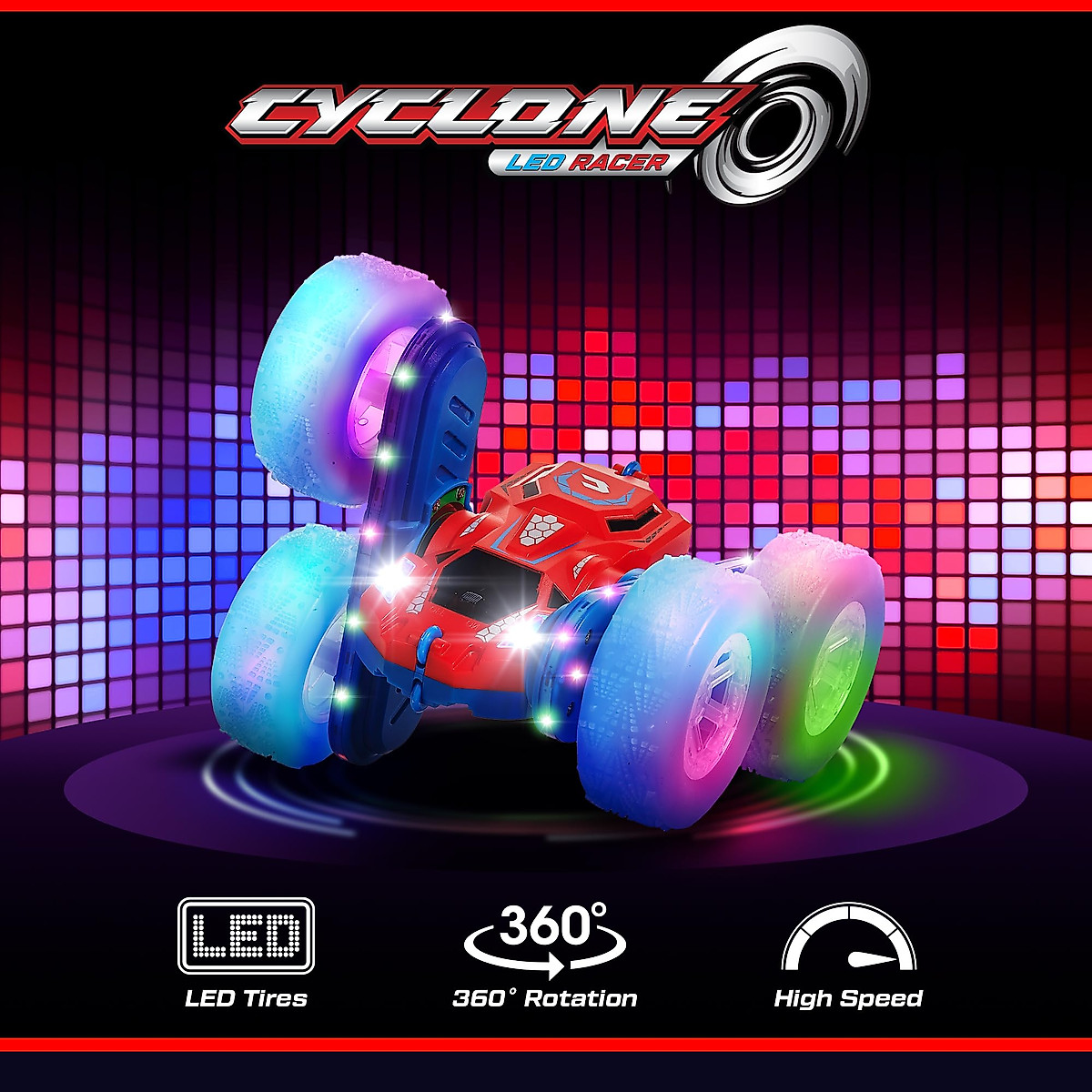 Force1 Cyclone LED Remote Control Car for Kids - Double Sided Fast RC Car with Bright LED Tires, Off-Road Crawler RC Stunt Car 360 Flips, Spins, Drifts; 2.4GHz Remote Control, 2 Rechargeable Batteries