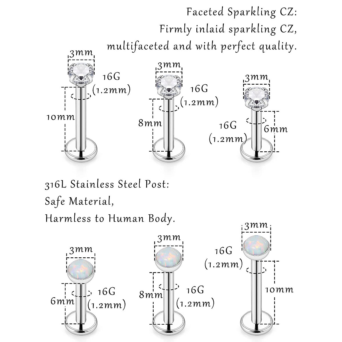 Ovxznts 18Pcs Assorted Length 16G Lip Rings for Women Men Surgical Steel Medusa Piercing Jewelry Labret Studs CZ Diamond Opal Tragus Forward Helix Earrings Retainer Silver-tone
