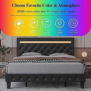 Kallabe Queen Size Bed Frame with LED Light Leather Platform Bed Frame with Adjustable Upholstered Headboard, Smarter Bed Frame APP Control LED Lights, No Box Spring Needed, Black