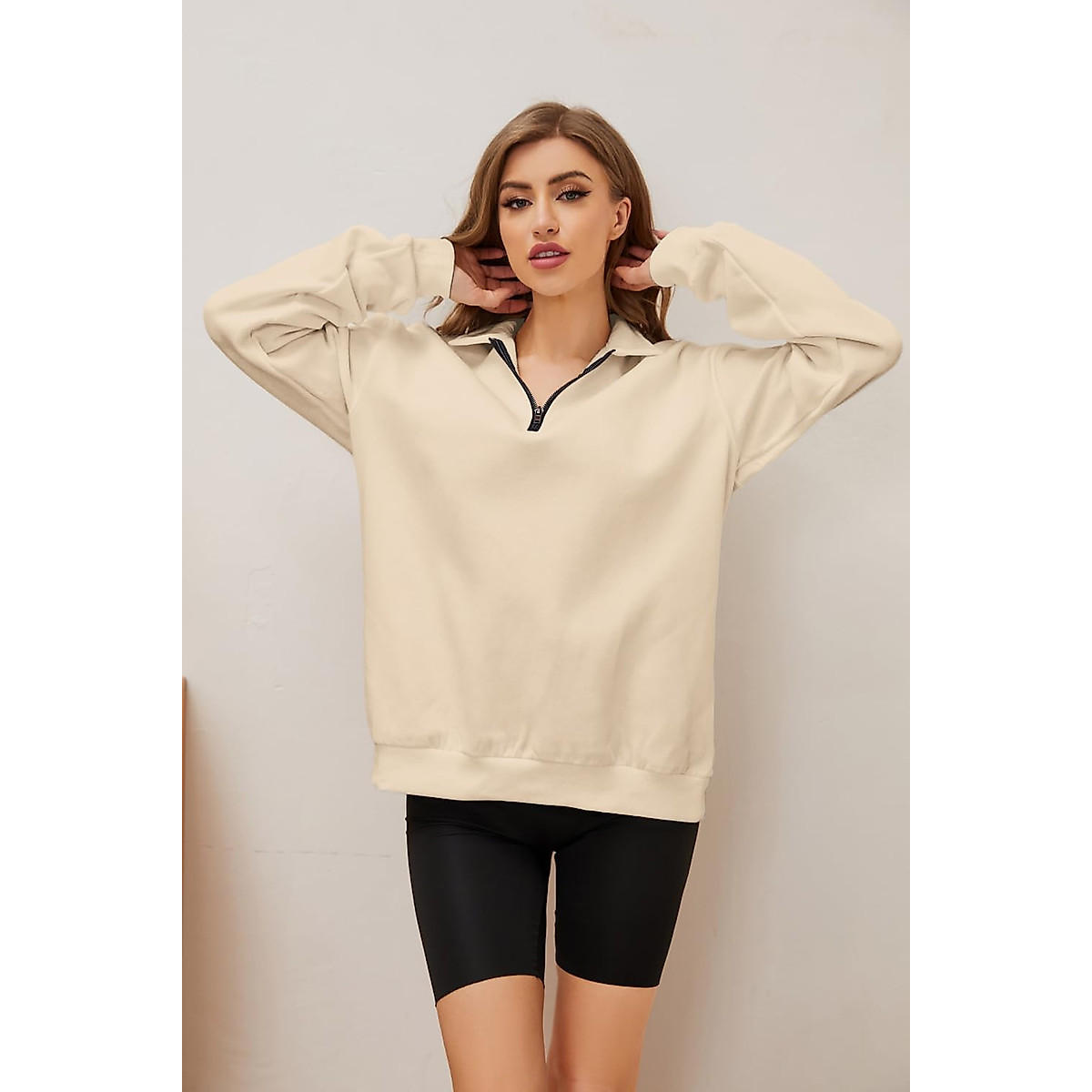 Meladyan Women's Half Zip Sweatshirt Oversized Long Sleeve Collar Drop Shoulder Solid 1 / 4 Zipper Pullover Coat, Apricot, Medium