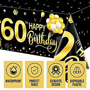 3 Pack 60th Birthday Tablecloth Decorations for Men Women, Black Gold Happy Sixty Birthday Theme Table Cover Party Supplies, 60 Year Old Birthday Plastic Disposable Rectangular Table Cloth Decor