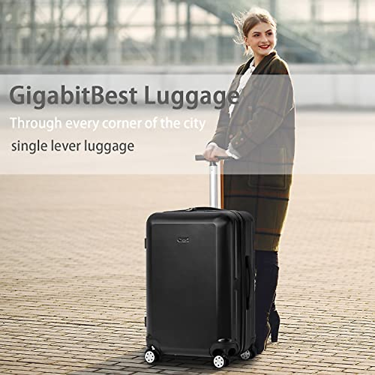 GigabitBest 24 Inch Carry On Luggage with Wheels PC+ABS Hardside Suitcase Spinner Trolley with Built-in TSA Lock, Black