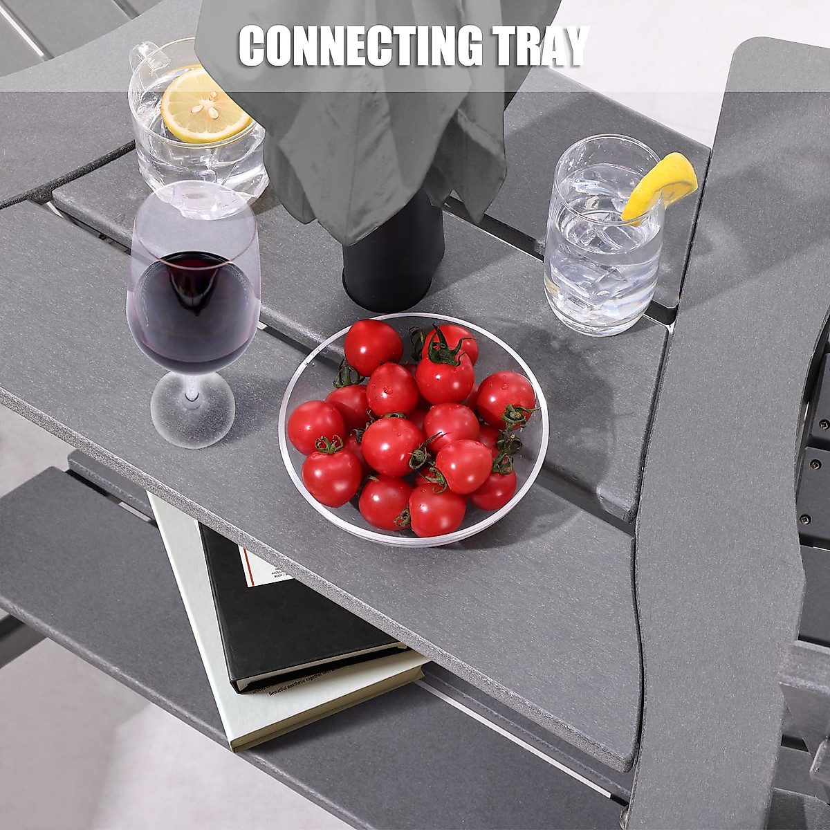 FOOWIN Tall Adirondack Chairs Set of 2，Recycled Poly Balcony Chair with Double Connecting Tray Patio Stools Weather Resistant for Outdoor Deck Lawn Pool Backyard (Double Connecting Tray, Grey)