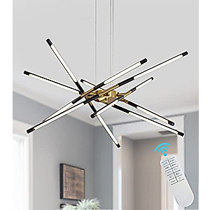 Q&S LED Modern Sputnik Chandelier,Black and Gold Mid-Century Dimmable Chandeliers with Remote for Dining Room Living Room 12 Lights