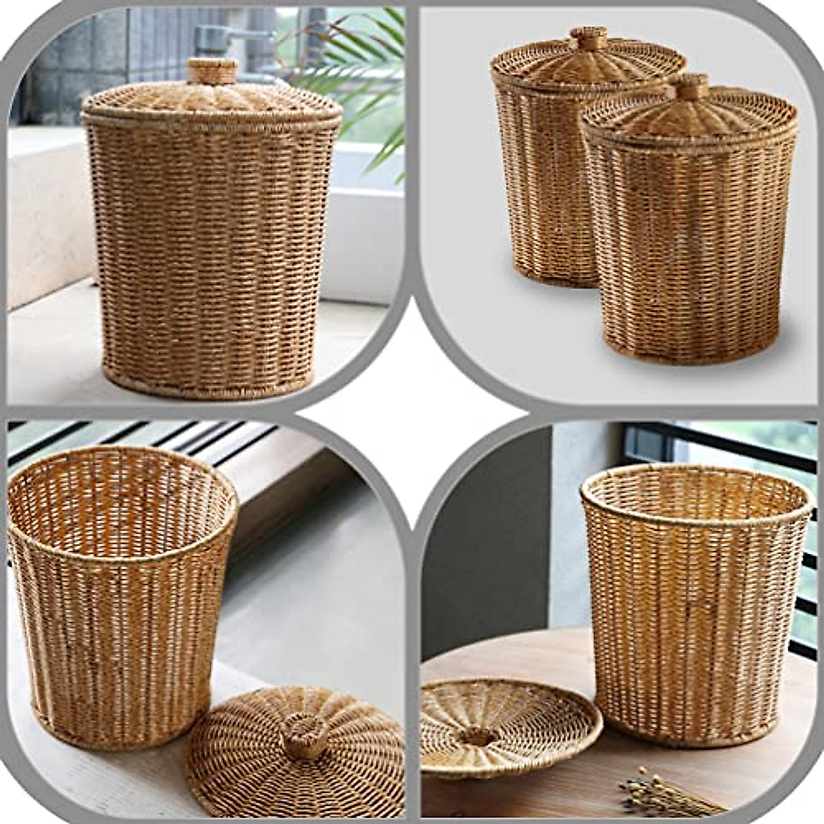 Hemoton Imitation Rattan Storage Basket- Wicker Waste Basket with Lid, Floor Baskets for Living Room, Bed Room& Laundry Room