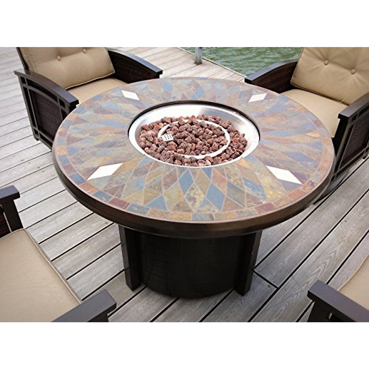 Pebble Lane Living Exclusive Natural Slate Top Outdoor Fire Pit with Metal Cover & 50,000 BTU Burner, Rust Resistant Powder Coating, Lava Rocks Included, Sleek Bronze Frame, 42" W x 27.5" H