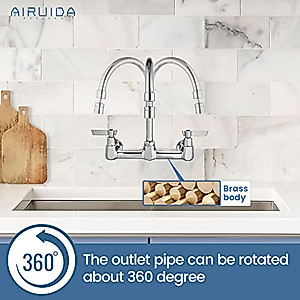Airuida Chrome Polish Wall Mount Kitchen Sink Faucet, Wall Mounted Faucet 8 Inches Center, Wall Mount Commercial KinkFaucet, 2 Handle Restaurant Tap Swivel Spout Wall Mounted Utility Sink Faucets