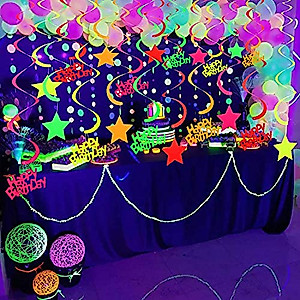 50 Pieces Glow Party Supplies Hanging Swirl Decorations Neon Star Swirl Hanging Decorations for Neon Party Glow Party Ceiling Decorations