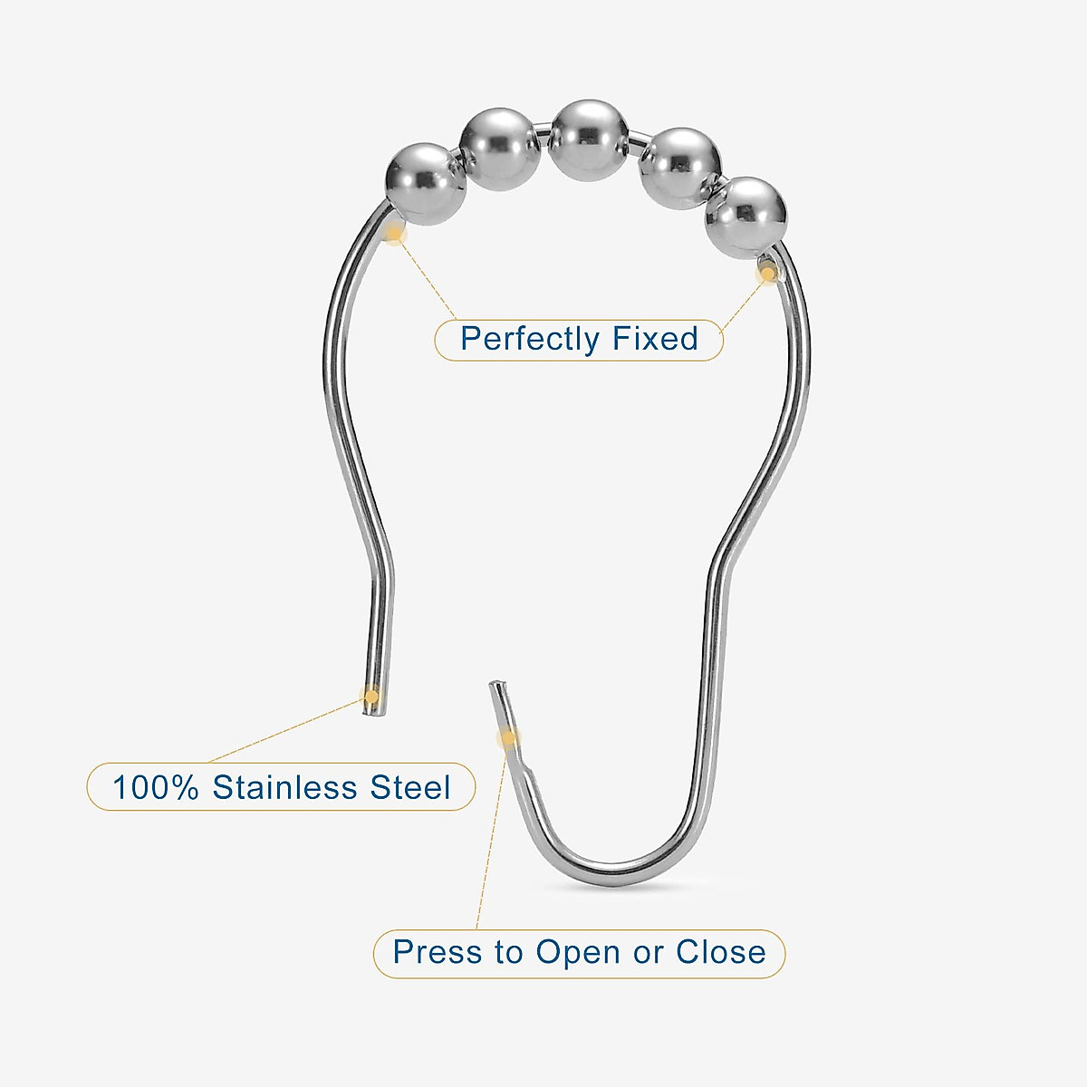Shower Curtain Hooks, OEH Stainless Steel Shower Curtain Rings, Roller Gliding Shower Hooks for Shower Curtain, Rustproof Shower Rings for Curtain, Shower Curtain, Shower Rod, Set of 12, Chrome