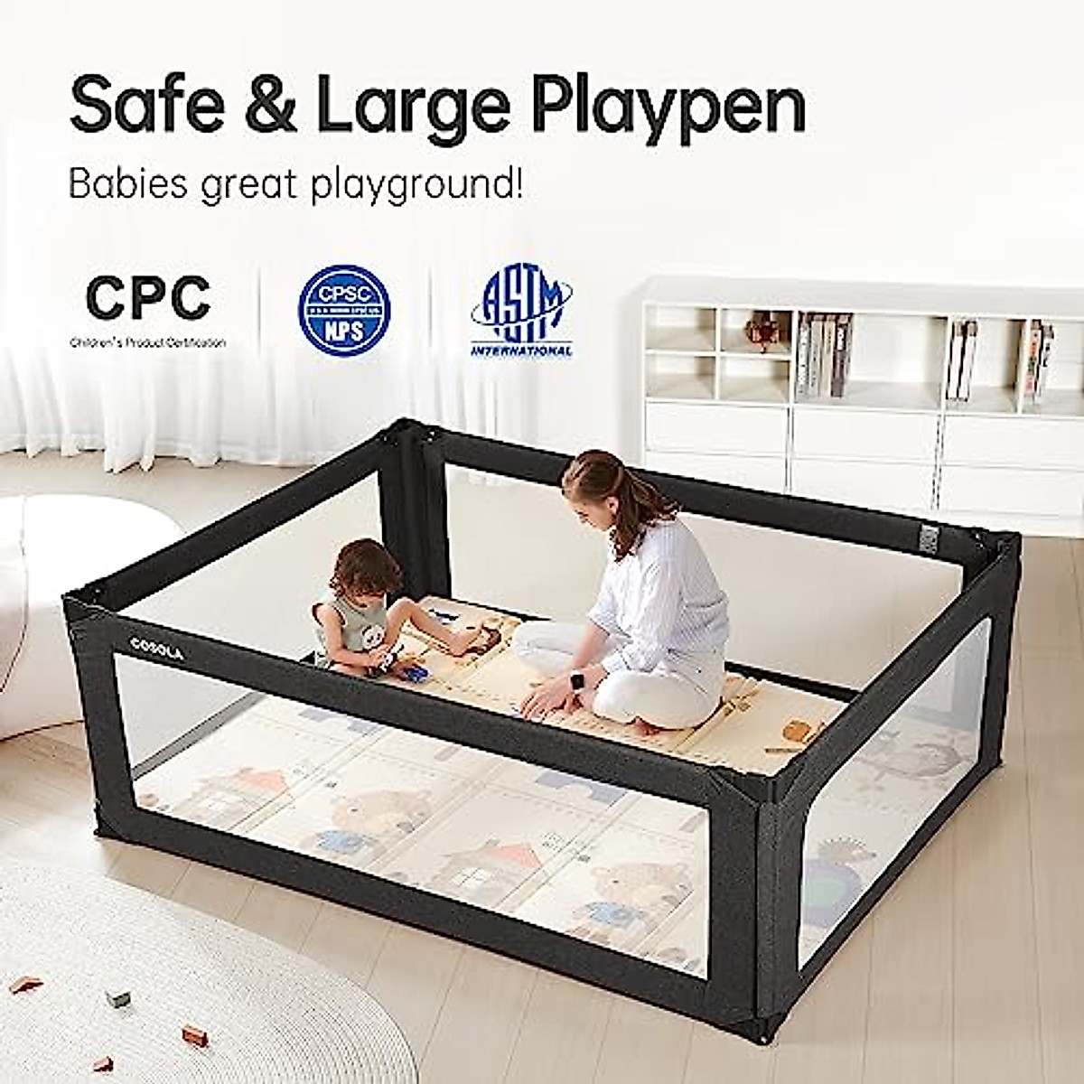 Baby Playpen Play Yard, Playpen for Babies and Toddlers Large Gate, 59x79 Baby Fence, Sturdy Safety Playpen, Indoor & Outdoor Kids Activity Center Playards, Black
