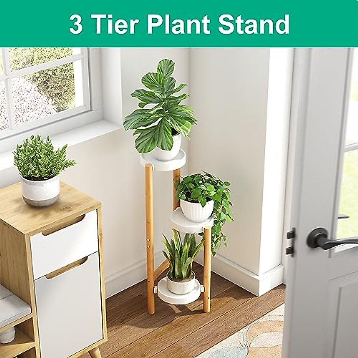 Plant Stand Indoor with Round Iron Plates, 3 Tiered Plant Stands for Indoor Plants Multiple, Bamboo Corner Plant Stand for Window Garden Balcony Living Room