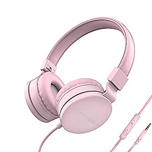 LORELEI L-01 On-Ear Kids Headphones with Microphone, Lightweight Folding Stereo Bass Headphones with 1.5M No-Tangle Cord, Portable Wired Headphones(Pink)