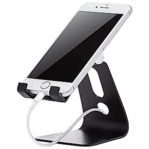Amazon Basics Adjustable Aluminum Cell Phone Desk Stand for iPhone and Android, Black, 3.3 x 3 x 4.2 Inch (LxWxH)