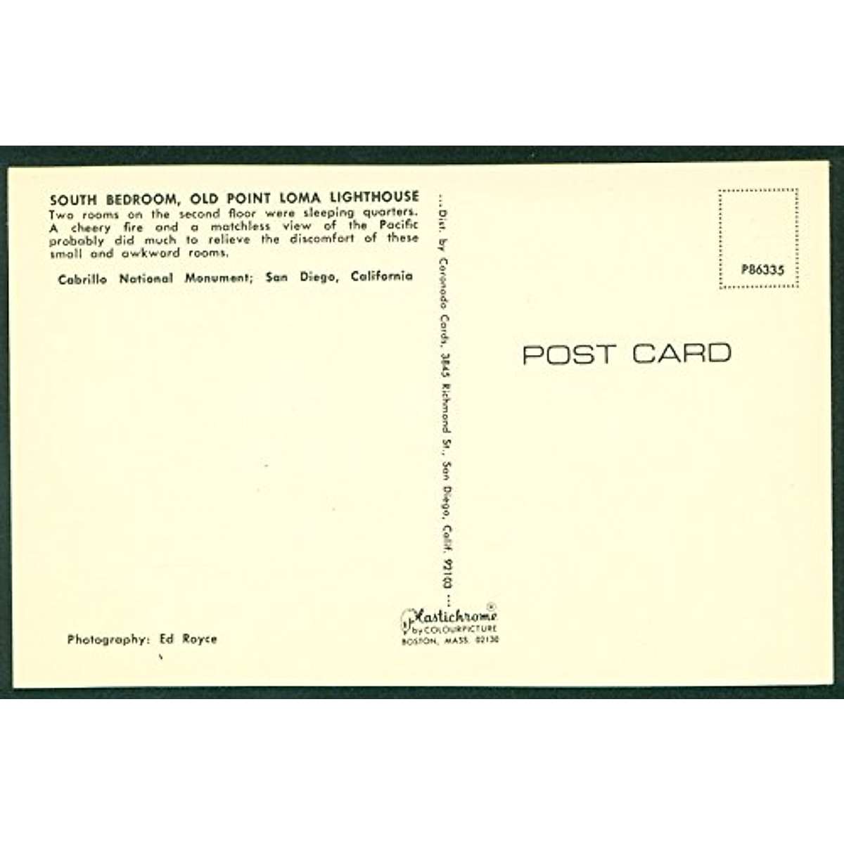 South Bedroom Old Point Loma Lighthouse Pacific View San Diego California Postcard