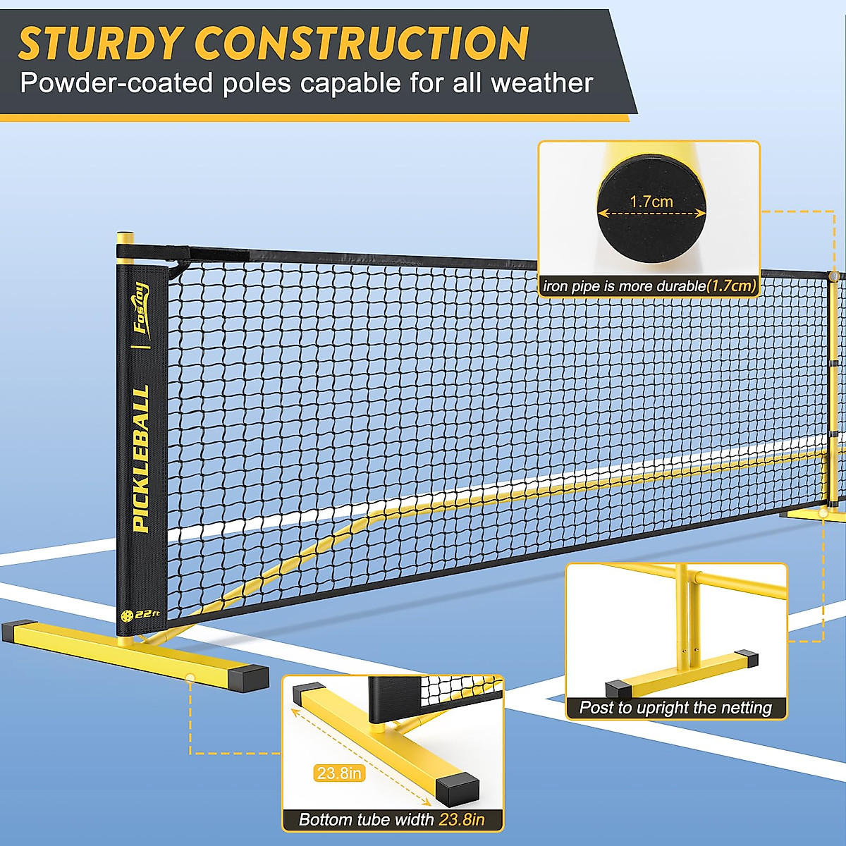 Fostoy Portable Pickleball Net Set, 22FT Regulation Size 18-Ply PE Pickleball Net,Carry Bag, Weather Resistant Steady Metal Frame Easy Setup for Outdoor Indoor Driveway