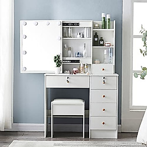 Vanity Desk with Lights and Mirror, Vanity Table with 6 Drawers and Stool, 3 Light Color Modes, Modern Makeup Vanity with Hidden and Open Storage Shelves, White