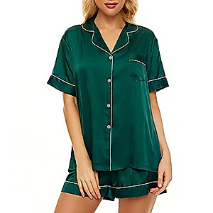 Zando Womens Two Piece Pajama Set Sexy Pajamas for Women Silk Ladies Pajamas Satin Pajamas Womens Button Down Pajama Shorts Set Women's Sleepwear Bride Pajamas Comfort PJS Dark Green XX-Large