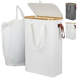 yamagahome Slim Laundry Basket with lid 52L, Collapsible Narrow Laundry Hamper with Removable Washable Laundry Bag, Thin Hamper Storage Basket Made of Bamboo and Oxford for Bedrooms, Bathroom, RV