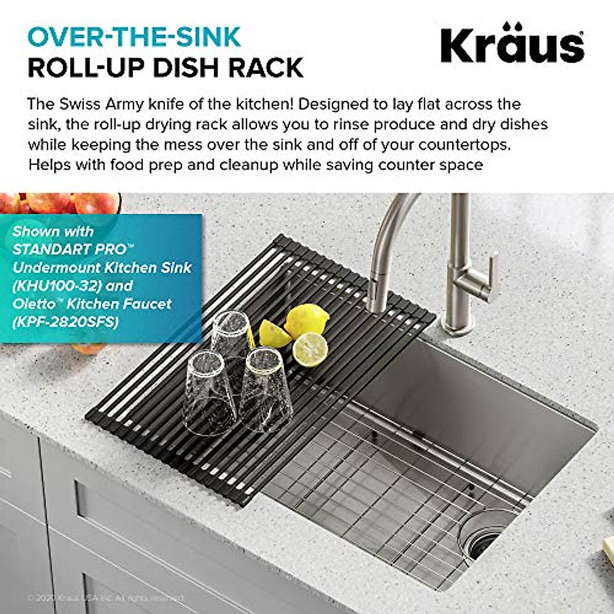 Kraus Multipurpose Over-Sink Roll-Up Dish Drying Rack, Colander and Trivet in Light Grey, KRM-10GREY